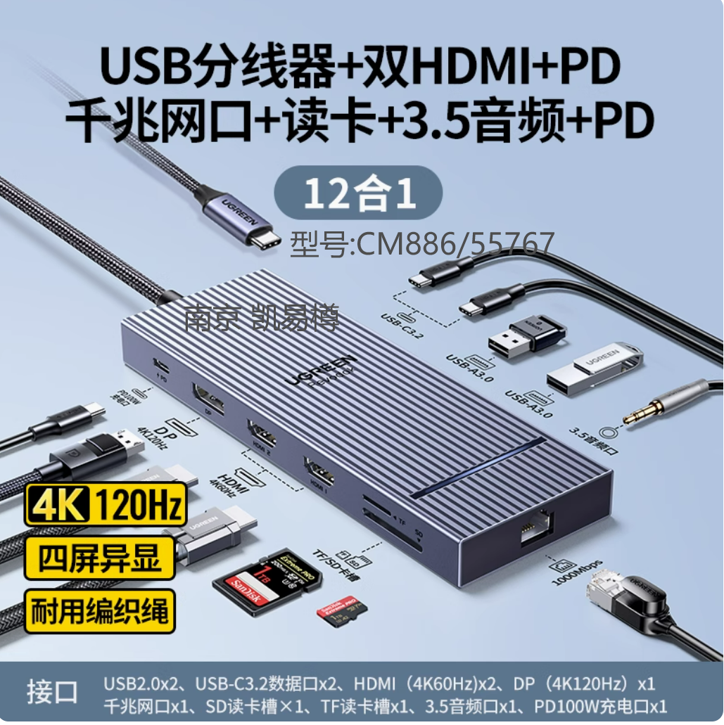 绿联TYPE-C转2*USB-C3.2+2*USB2.0+DP1.4+2*HDMI2.0+SD/TF+RJ45+3.5音频12合1扩展坞 ...